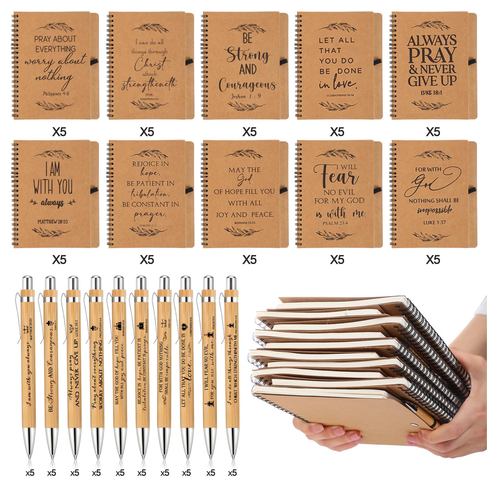 Kosiz 100 Pcs/ 50 Set Easter Christian Gift Bulk A5 Spiral Notebook Scripture Prayer Journal Bible Verse Ballpoint Pen Mothers Day Religious Party Gift Notepad for Women Men Church Sunday School (Brown)