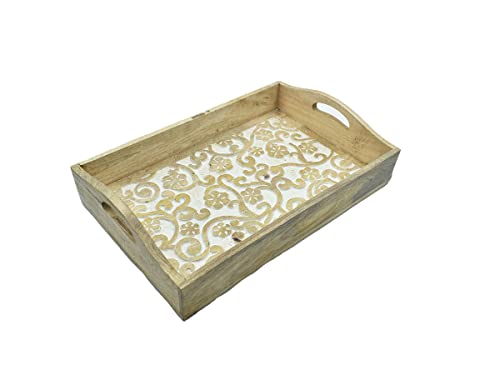 Hand Carved Wooden Breakfast Serving Tray with Handle for Breakfast Tea Snack Dessert | Kitchen Dining Serve-Ware Accessories | 15 x 10 Inches | 2048