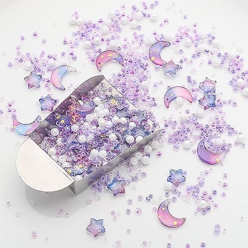 YUANZHIRUN 2200pcs Star Beads Moon Shape Glass Spacer Beads for Jewelry Making,Glass Seed Beads,Pearl Beads for DIY Bracelet Neacklace Earring(Purple Series)
