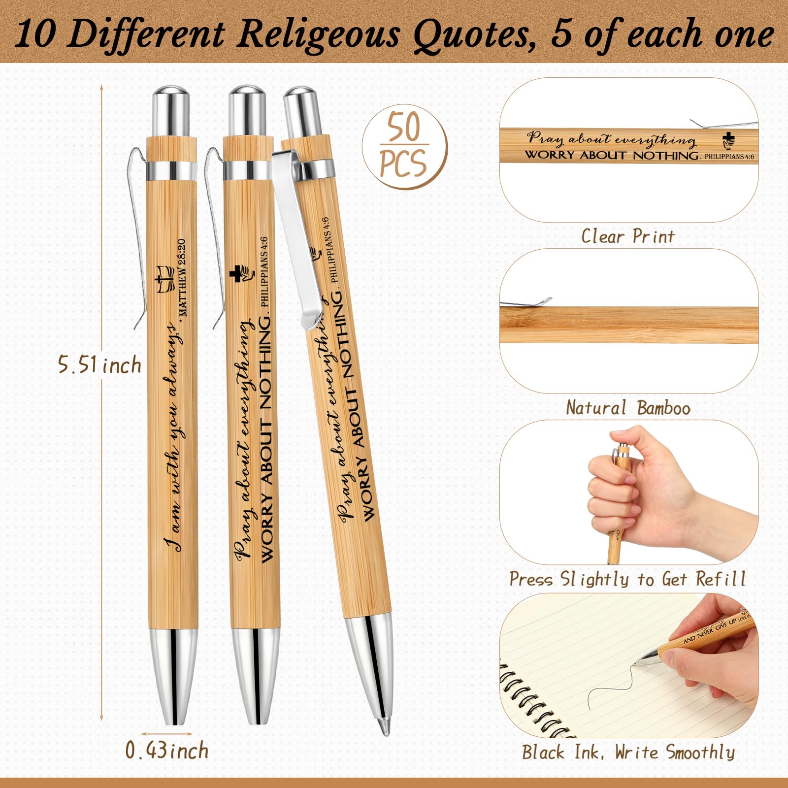 Kosiz 100 Pcs/ 50 Set Easter Christian Gift Bulk A5 Spiral Notebook Scripture Prayer Journal Bible Verse Ballpoint Pen Mothers Day Religious Party Gift Notepad for Women Men Church Sunday School (Brown)