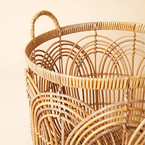 LA JOLIE MUSE Hand Woven Laundry Basket Set of 2, Boho Wicker Baskets Hamper with Handle, Chic Decorative Blanket Basket Holder for Living Room Bedroom Bathroom Home Office Storage