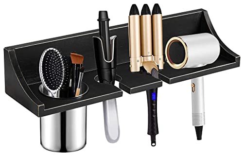 Hair Dryer Holder Wall Mounted Blow Holder Bathroom Hair Tool Organizer, Hair Styling Care Tool Organizer, Rustic Wood Beauty Appliance for Flat Iron, Curling Wand, Hair Straighteners, Brushes(Black)