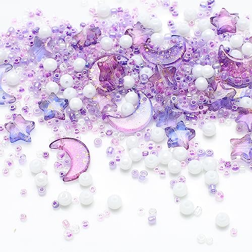YUANZHIRUN 2200pcs Star Beads Moon Shape Glass Spacer Beads for Jewelry Making,Glass Seed Beads,Pearl Beads for DIY Bracelet Neacklace Earring(Purple Series)