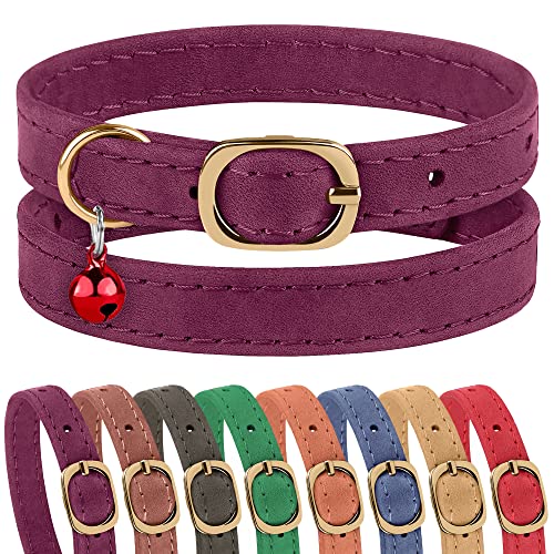 Cat Collar Adjustable Soft Genuine Leather Pet Collars for Cats Kitten Puppy Small Dogs (Burgundy)