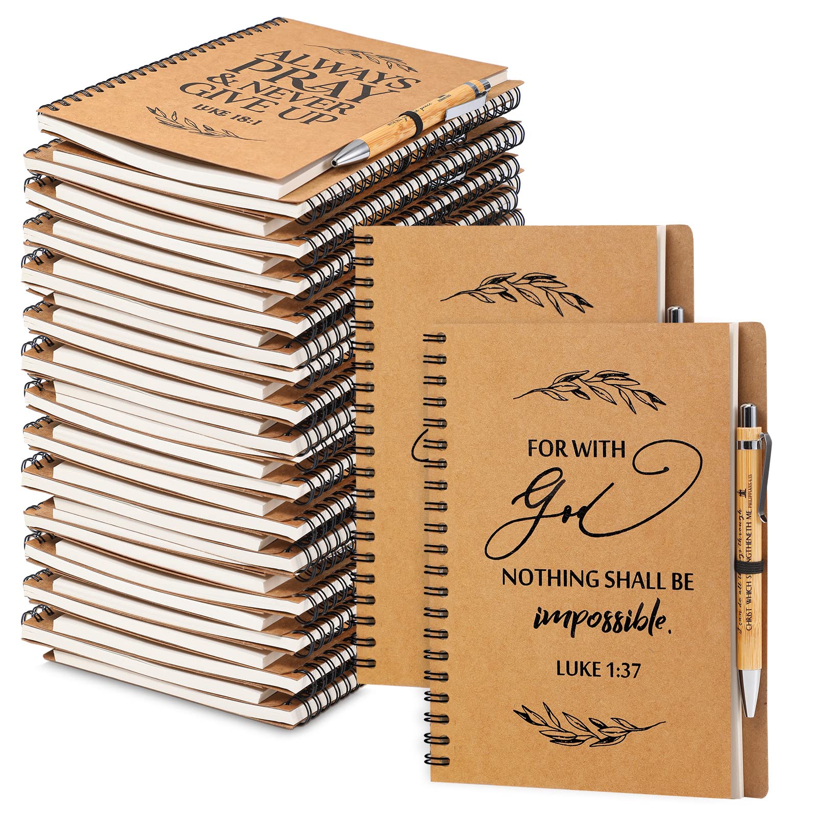 Kosiz 100 Pcs/ 50 Set Easter Christian Gift Bulk A5 Spiral Notebook Scripture Prayer Journal Bible Verse Ballpoint Pen Mothers Day Religious Party Gift Notepad for Women Men Church Sunday School (Brown)