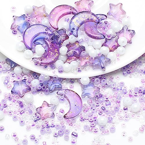 YUANZHIRUN 2200pcs Star Beads Moon Shape Glass Spacer Beads for Jewelry Making,Glass Seed Beads,Pearl Beads for DIY Bracelet Neacklace Earring(Purple Series)
