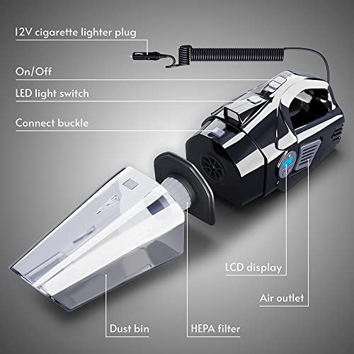AMEBIBO 4-in-1 Car Vacuum Cleaner, Tire Inflator Portable Air Compressor with Digital Tire Pressure Gauge LCD Display and LED Light, 12V DC Air Compressor Pump, 14,8FT Cord