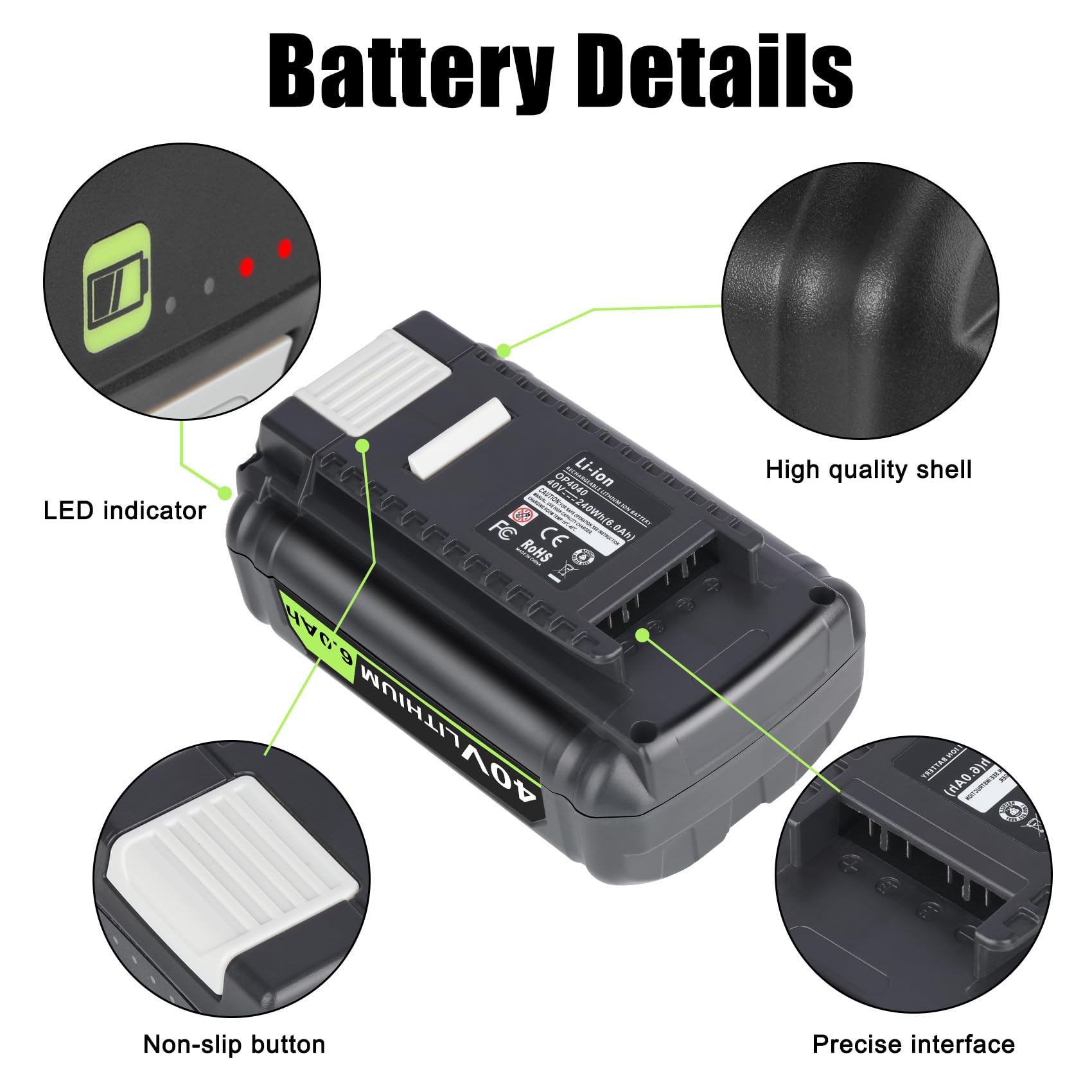REACELL OP4060A 40V Battery Replacement for Ryobi 40V Battery 6Ah OP4040A OP4026 OP4030A OP4050A OP4060A1, 2 Packs 40V Battery Compatible for RYOBI 40V Tools