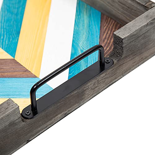 ExoLiry Rustic Gray Rectangular Wood Serving Tray Decorative Black Metal Handles 20-inch Large Capacity Breakfast Coffee Accessory Party Banquet Home Kitchen Ottoman Office Document Holder