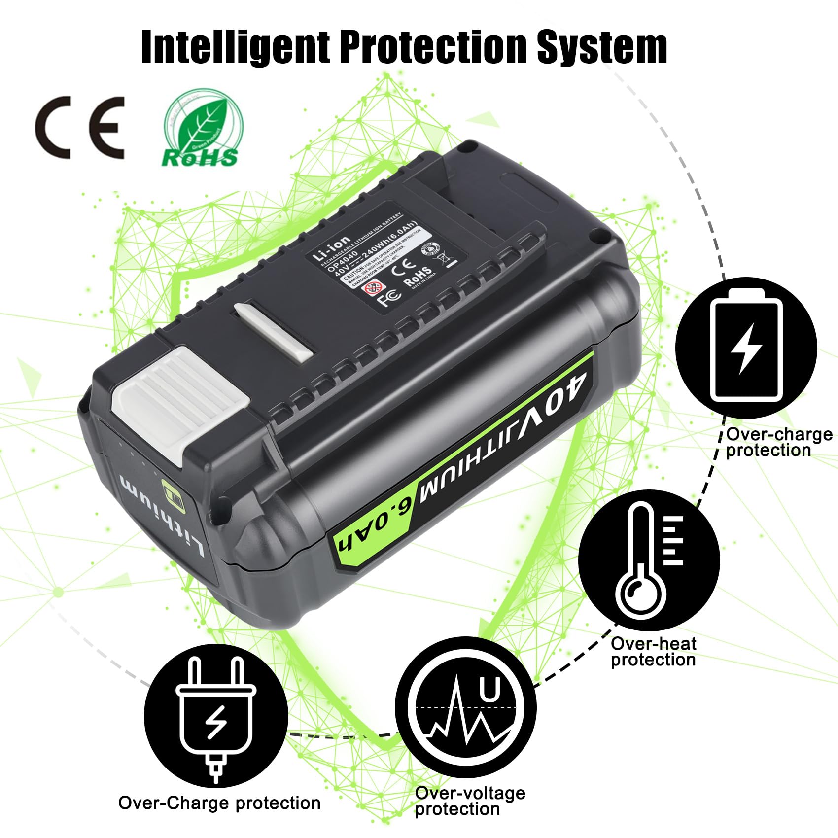 REACELL OP4060A 40V Battery Replacement for Ryobi 40V Battery 6Ah OP4040A OP4026 OP4030A OP4050A OP4060A1, 2 Packs 40V Battery Compatible for RYOBI 40V Tools