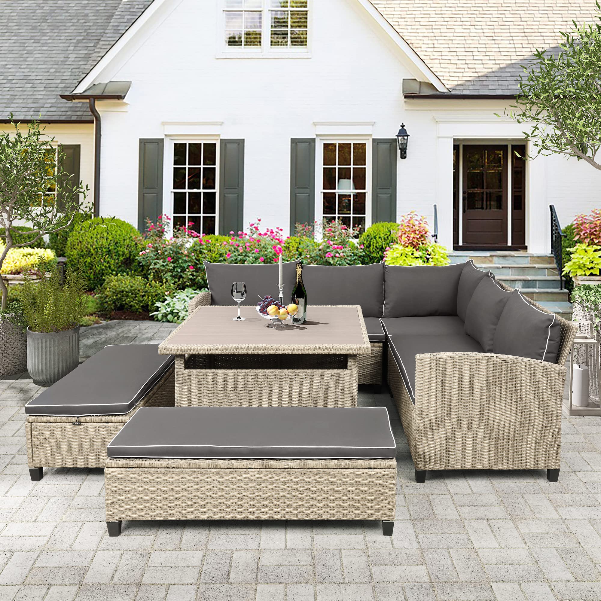 BIADNBZ Outdoor Weather Brown Rattan Wicker Sectional Couch Conversation Sofa Dining Table for Porch, Backyard, Garden, Poolside, 6-Piece Patio Furniture Set with Two Bench, Gray