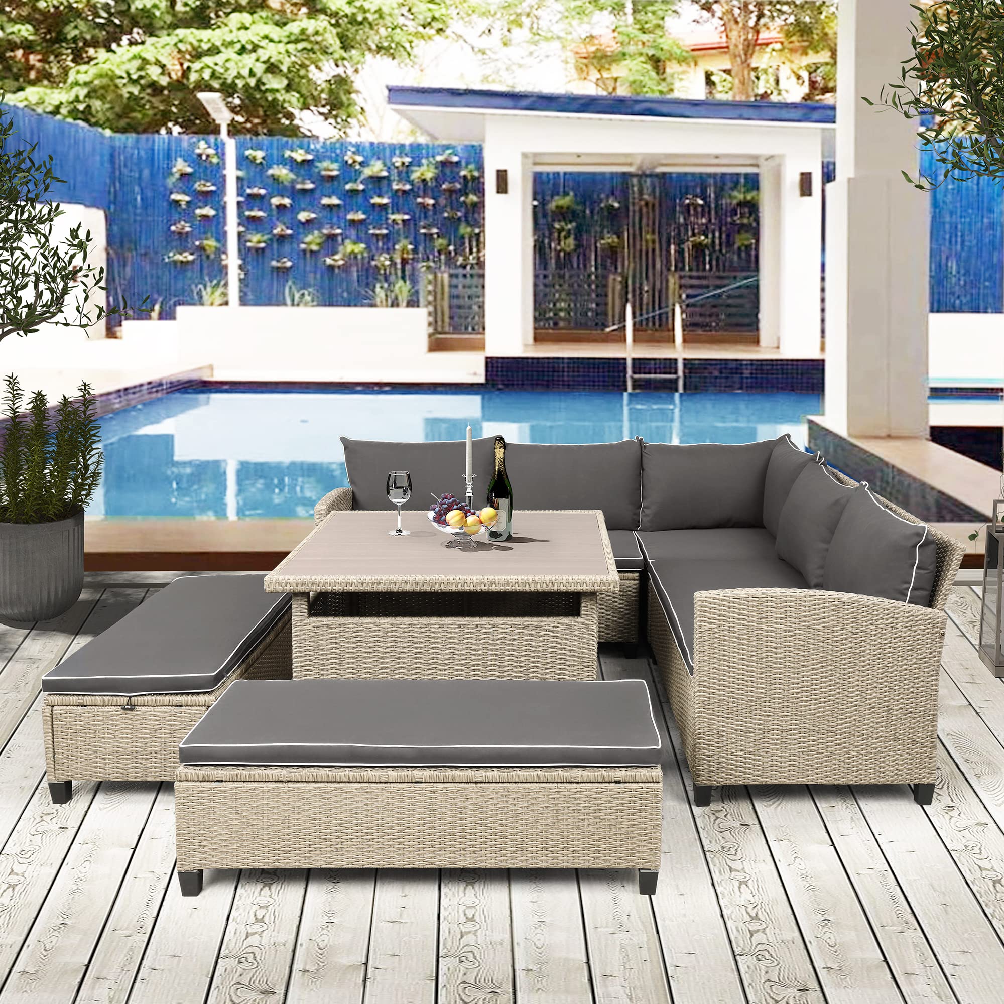 BIADNBZ Outdoor Weather Brown Rattan Wicker Sectional Couch Conversation Sofa Dining Table for Porch, Backyard, Garden, Poolside, 6-Piece Patio Furniture Set with Two Bench, Gray