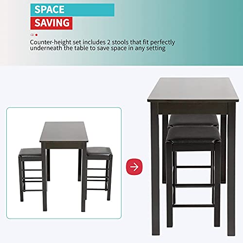 HGS 3 Pcs Dining Table Set Dining Table Furniture Set Counter Height Bar Dining Table and Chairs Set w2 Faux Leather Stools for Kitchen Living Room Small Spaces, Brown