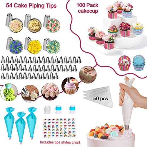 Cake Decorating Supplies with Aluminum Alloy Revolving Cake Stand, Cake Carrier, Acrylic Round Cake Discs, 268PCS Cake Decorating Kit with 54 Piping Tips, Various Cake Spatula, Reuseable Cake Board