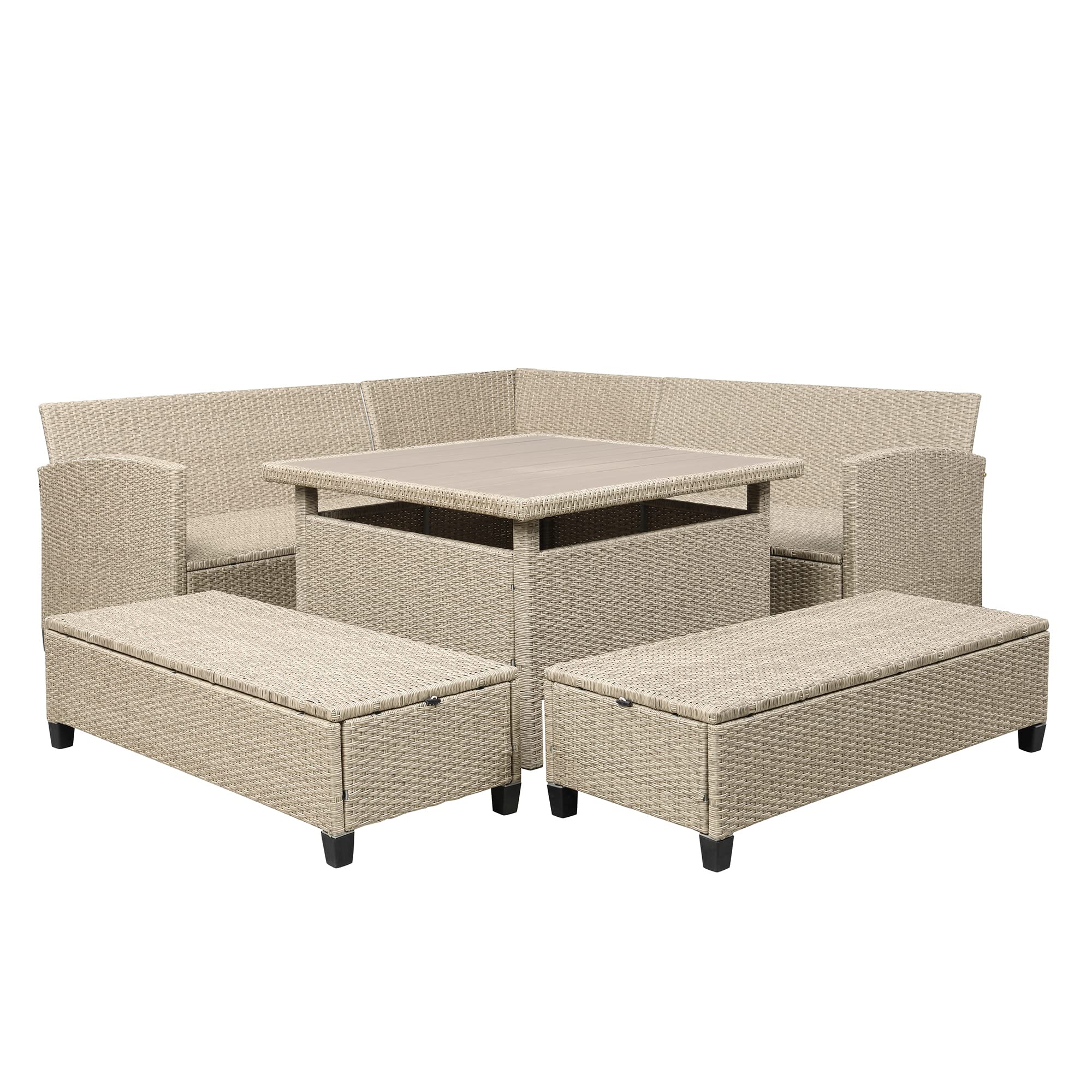 BIADNBZ Outdoor Weather Brown Rattan Wicker Sectional Couch Conversation Sofa Dining Table for Porch, Backyard, Garden, Poolside, 6-Piece Patio Furniture Set with Two Bench, Gray