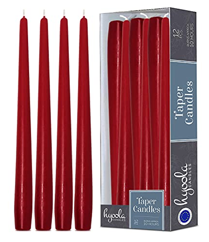 Hyoola Tall Taper Candles - 12 Inch Cherry Red Unscented Dripless Taper Candles - 10 Hour Burn Time - 12 Pack