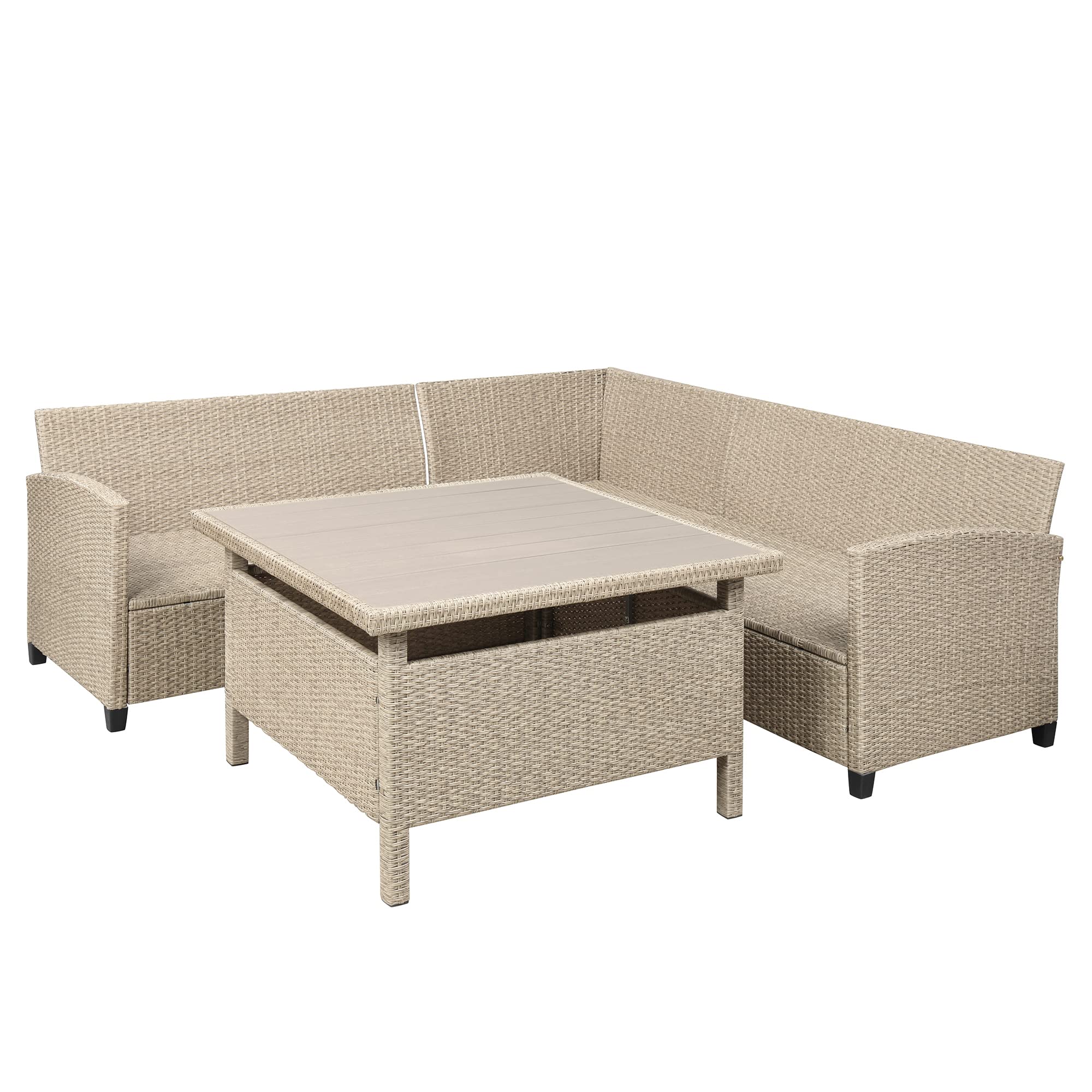 BIADNBZ Outdoor Weather Brown Rattan Wicker Sectional Couch Conversation Sofa Dining Table for Porch, Backyard, Garden, Poolside, 6-Piece Patio Furniture Set with Two Bench, Gray