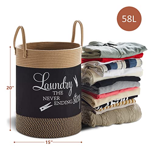 YOUDENOVA Woven Rope Laundry Basket, Tall Dirty Clothes Hamper for Blanket Storage in Bedroom, Bathroom,Living Room - Brown, 58L