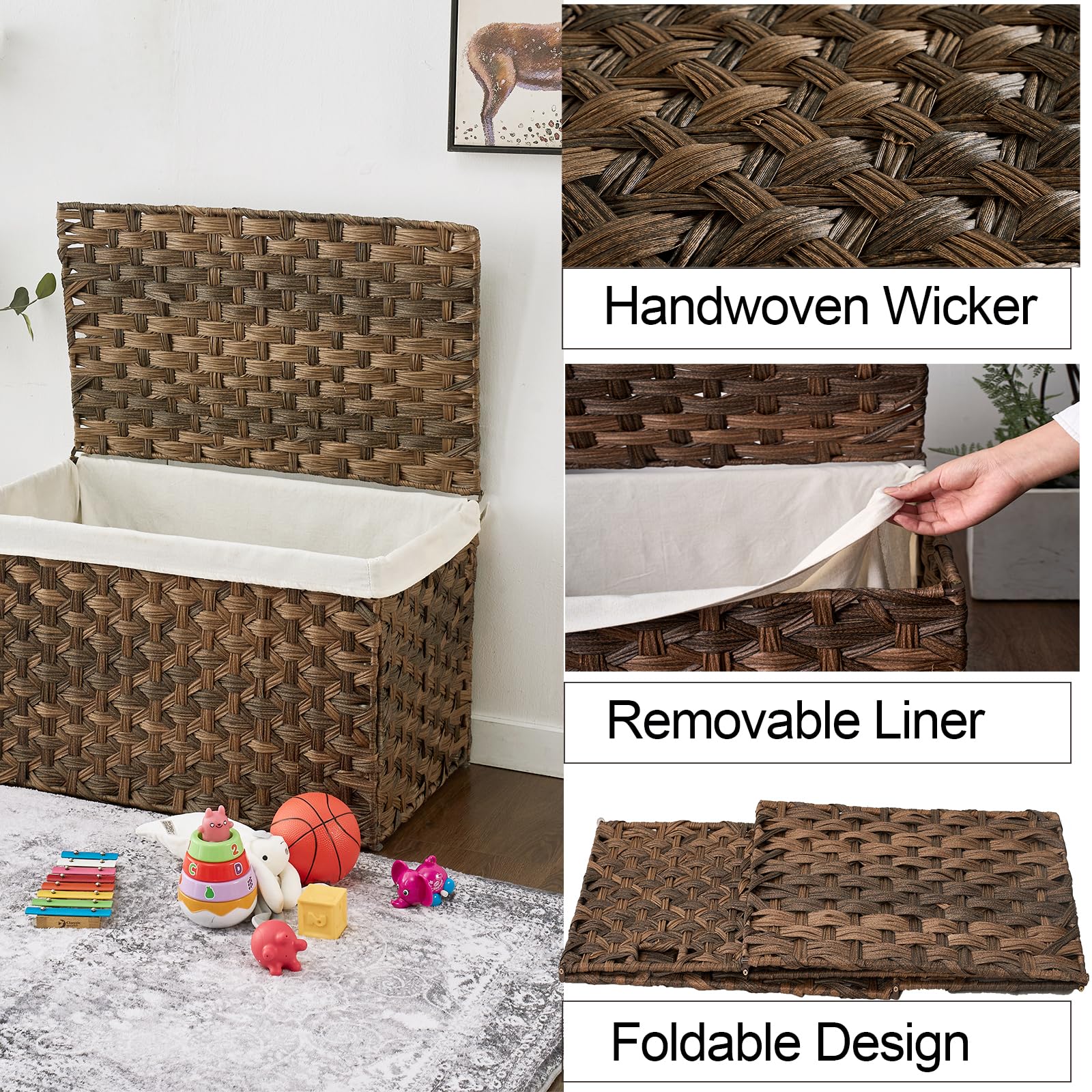 MOORLITER Wicker Storage Basket with Lid, 42.3 Gallon (160L) Large Blanket Basket with Lid, Woven Storage Bin with Handles, Removable Liner, Metal Frame, Foldable, for Bedroom, Laundry Room, Brown