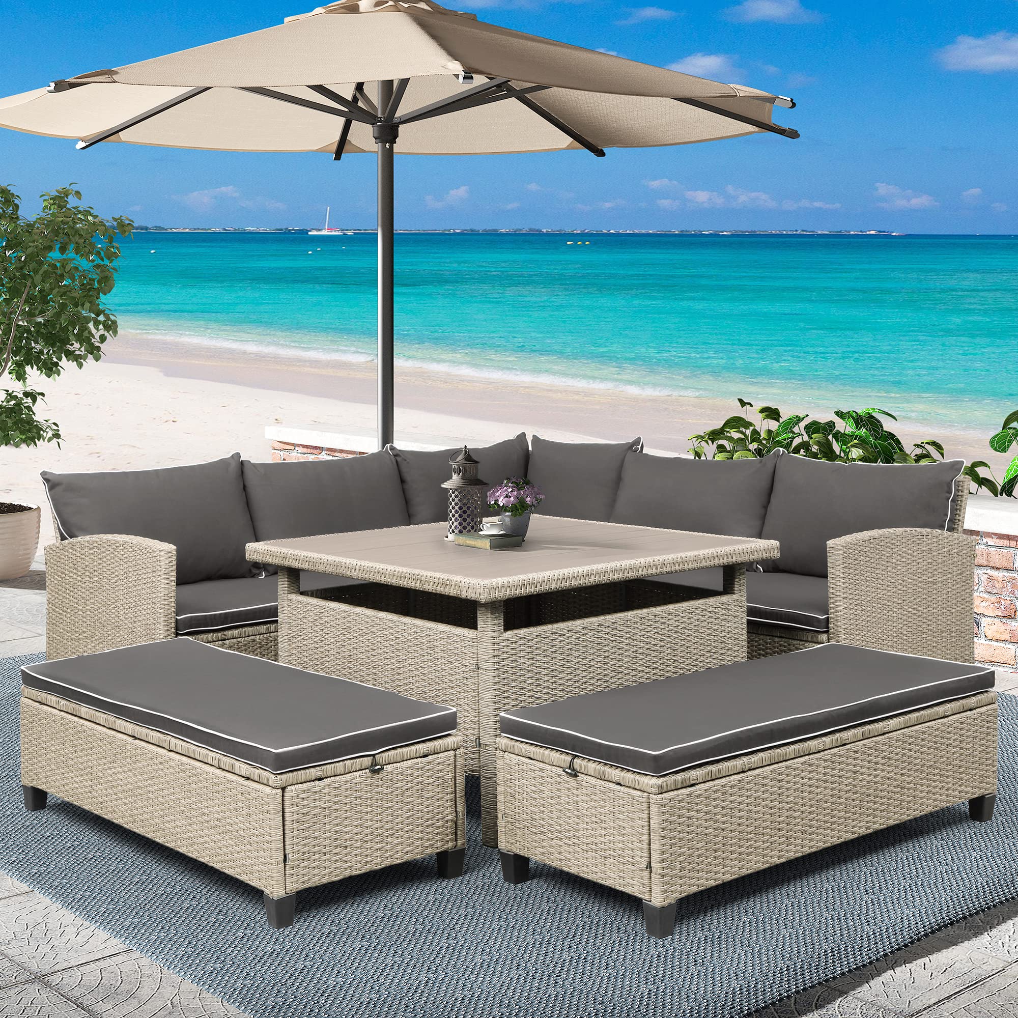 BIADNBZ Outdoor Weather Brown Rattan Wicker Sectional Couch Conversation Sofa Dining Table for Porch, Backyard, Garden, Poolside, 6-Piece Patio Furniture Set with Two Bench, Gray