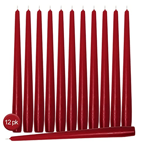 Hyoola Tall Taper Candles - 12 Inch Cherry Red Unscented Dripless Taper Candles - 10 Hour Burn Time - 12 Pack
