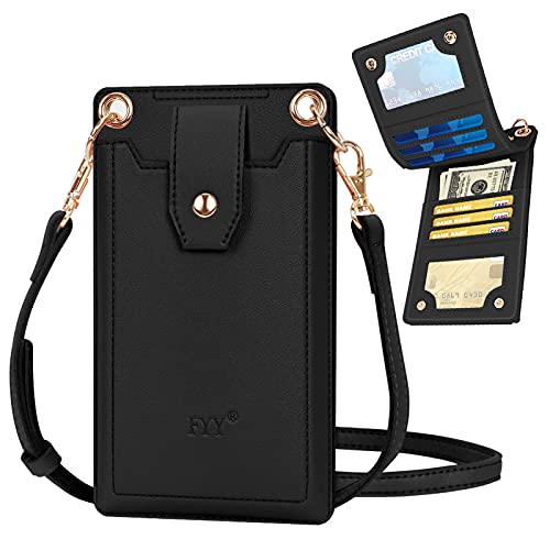 FYY Small Leather Phone Purse Crossbody for Women - Black Cell Phone Purse Wallet with Card Slots and Zipper Pocket for iPhone 14 13 12 11 XS Max Galaxy S23