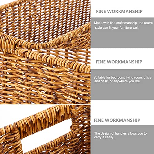 DOITOOL Rattan Storage Basket Simulation Woven Magazine Files Book Holder Rectangular Basket Bin Laundry Tote Basket for Bedroom Living Room Home