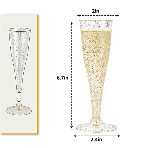 JOLLY CHEF 30 Pack Plastic Champagne Flutes Disposable 4.5 Oz Gold Glitter Plastic Champagne Glasses Perfect for Wedding, Thanksgiving Day, Christmas