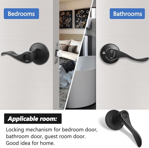 MONKEMON 5 Pack Black Door Handle Wave Style Privacy Door Lever for Bedroom & Bathroom, Interior Door Handle with Lock Keyless, Reversible Handles Set for Left & Right Door