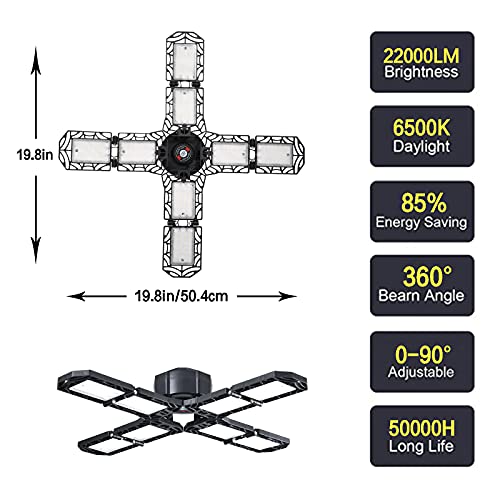 BUYMALLY 8 Panels LED Garage Light, 220W 22000LM Ultra-Bright Deformable Garage Ceiling Light, 6500K CRI 80+ Adjustable Panels Shop Lighting, E26/E27 Base, Workshop Basement Warehous Daylight Light