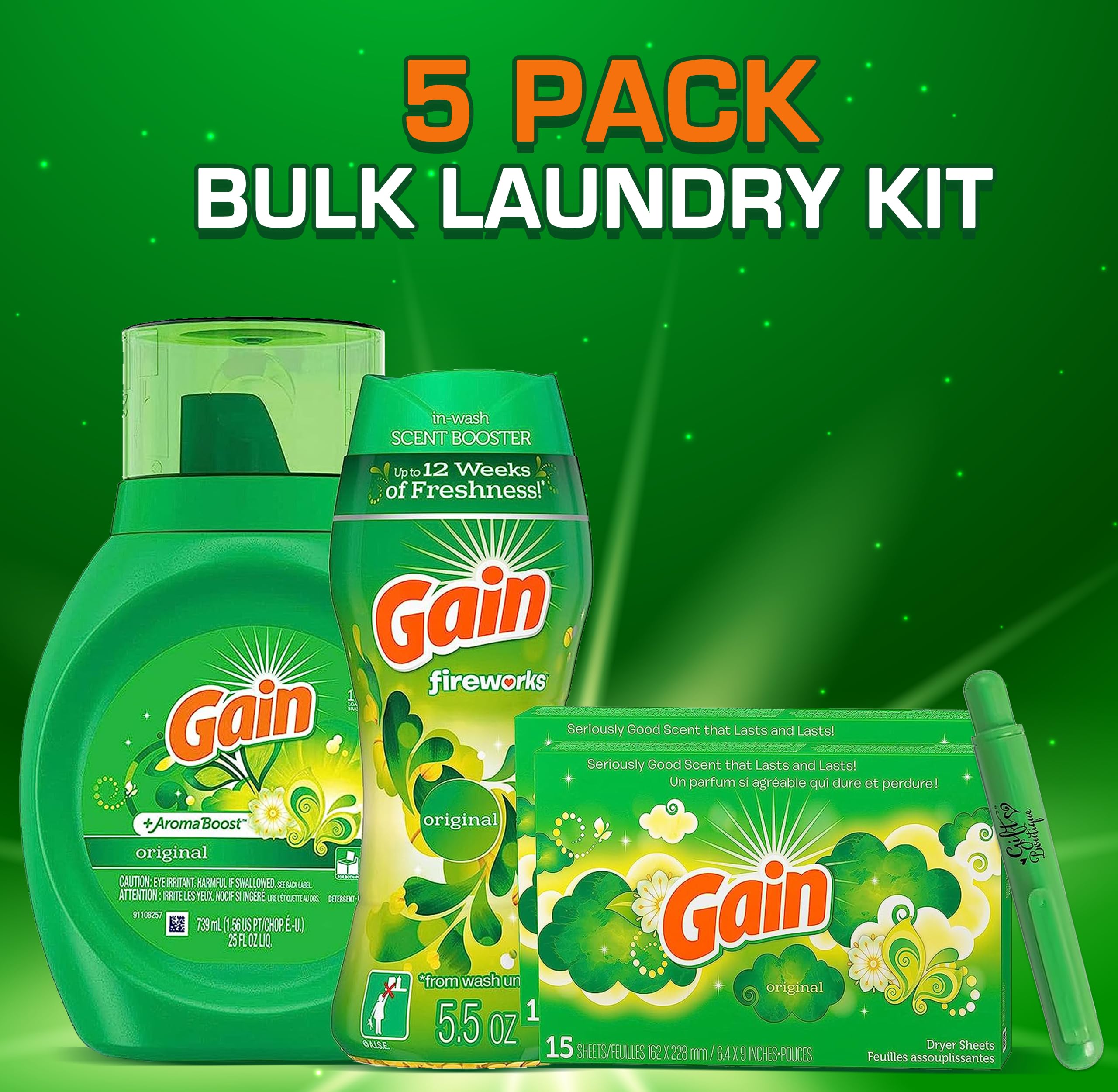 Gain Laundry Detergent Bundle with Gain Detergent, Fireworks Scent Booster, Dryer Sheets and Gift Boutique Lint Stick, For Travel, Dorm Room Supplies, First Apartment, 5 Pack