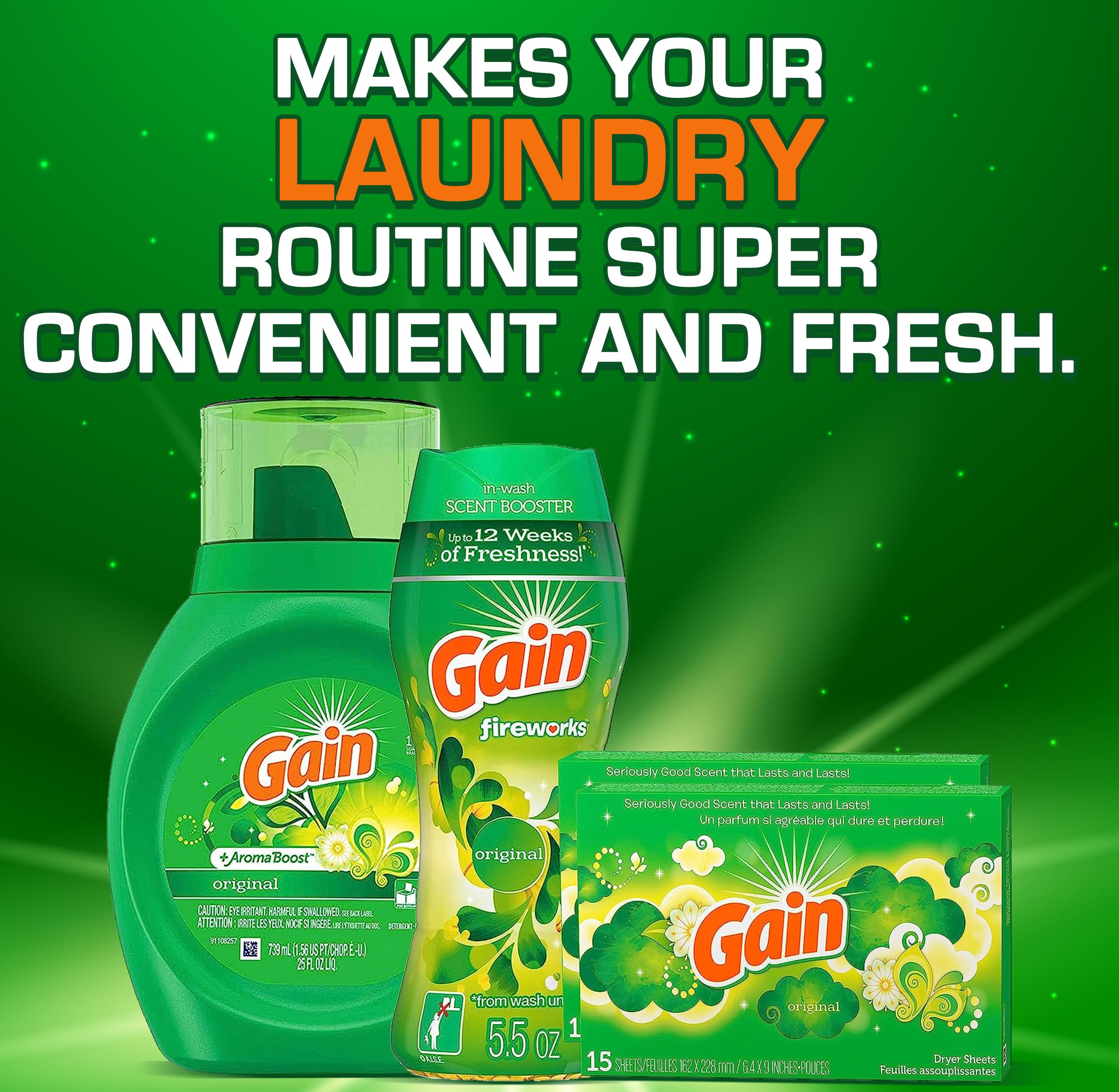 Gain Laundry Detergent Bundle with Gain Detergent, Fireworks Scent Booster, Dryer Sheets and Gift Boutique Lint Stick, For Travel, Dorm Room Supplies, First Apartment, 5 Pack