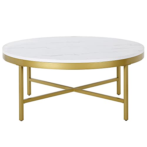 Henn&Hart 36" Wide Round Coffee Table with Faux Marble Top in Brass/Faux Marble, Modern coffee tables for living room, studio apartment essentials