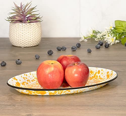 Red Co. Enamelware Metal Classic 13" Serving Oval Tray Platter, Yellow Marble/Black Rim - Splatter Design