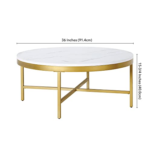 Henn&Hart 36" Wide Round Coffee Table with Faux Marble Top in Brass/Faux Marble, Modern coffee tables for living room, studio apartment essentials