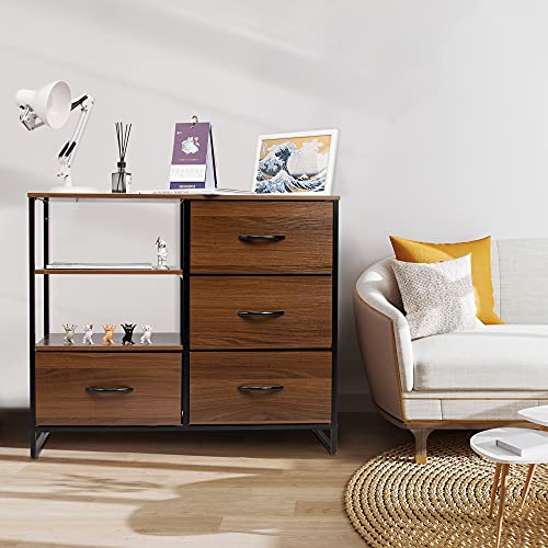 CONNOO Fabric Dresser with 4 Drawers and 2 Side Shelf, Lightweight Industrial Storage Unit Organizer for Entryway, Bedroom, Nightstand, Office, Kitchen