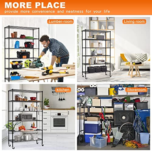 Wire Shelving Unit, Metal , with Wheels 6 Tier 2100lbs 48in L×18in W×82in H Storage Shelves Height Adjustable NSF Heavy Duty Steel Shelf Movable for Kitchen Garage Warehouse Commercial Rack, Black