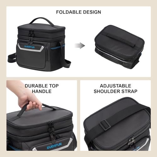 EVERFUN Insulated Lunch Bag Soft Lunch Box for Men Dual Compartments Small Lunch Box Collapsible Waterproof Leak-Proof for Work, Black