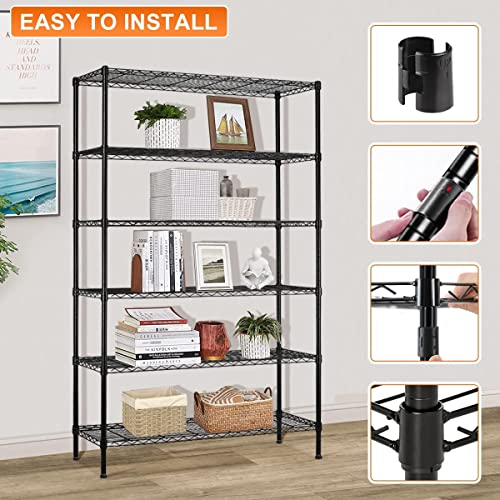 Wire Shelving Unit, Metal , with Wheels 6 Tier 2100lbs 48in L×18in W×82in H Storage Shelves Height Adjustable NSF Heavy Duty Steel Shelf Movable for Kitchen Garage Warehouse Commercial Rack, Black