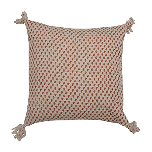 Creative Co-Op Square Block Print Chambray Back & Frayed Tassels Pillow, Cream & Rust