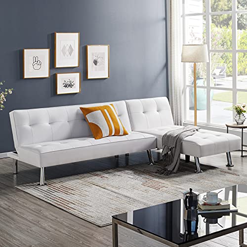 Topeakmart Convertible Sofa Bed Tufted Faux Leather Couch Bed with Chrome Metal Legs Adjustable Backrest Easily Converts to Recliner and Bed Comfortable Sofa for Living Room/Bed Room/Apartment,White