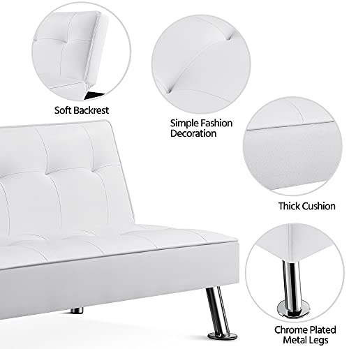 Topeakmart Convertible Sofa Bed Tufted Faux Leather Couch Bed with Chrome Metal Legs Adjustable Backrest Easily Converts to Recliner and Bed Comfortable Sofa for Living Room/Bed Room/Apartment,White