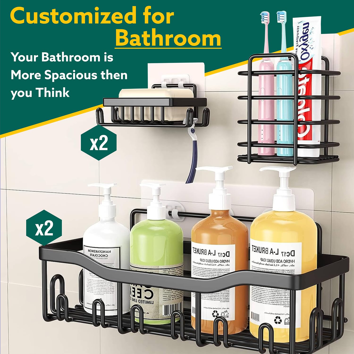 Shower Caddy 5 Pack, Adhesive Shower Organizer for Bathroom Storage & Home Decor & Kitchen,No Drilling, Large Capacity, Rustproof Stainless Steel Bathroom Organizer, Shower Shelves for Inside Shower