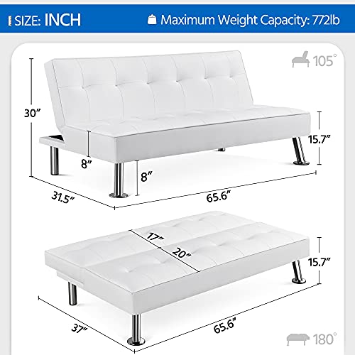 Topeakmart Convertible Sofa Bed Tufted Faux Leather Couch Bed with Chrome Metal Legs Adjustable Backrest Easily Converts to Recliner and Bed Comfortable Sofa for Living Room/Bed Room/Apartment,White