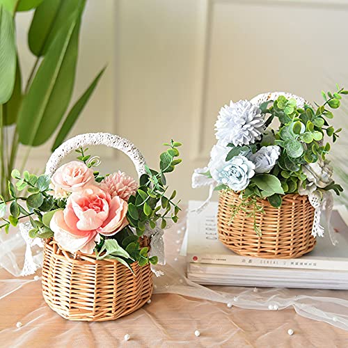 DDXY Wicker Rattan Flower Basket, Willow Handwoven Basket with Handle and Plastic Insert, Easter Eggs Candy Basket Wedding Flower Girl Baskets for Home Garden Decor Large