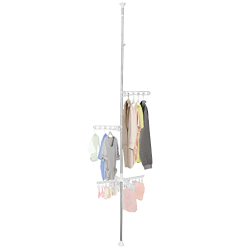 DAHOOMII Adjustable Laundry Drying Rack Tension Shelf Corner Clothes Hanger Pole Garment Storage Organizer Floor to Ceiling Coat Tree with 24pcs Clothespins for Indoor, Bedroom, Balcony - Ivory