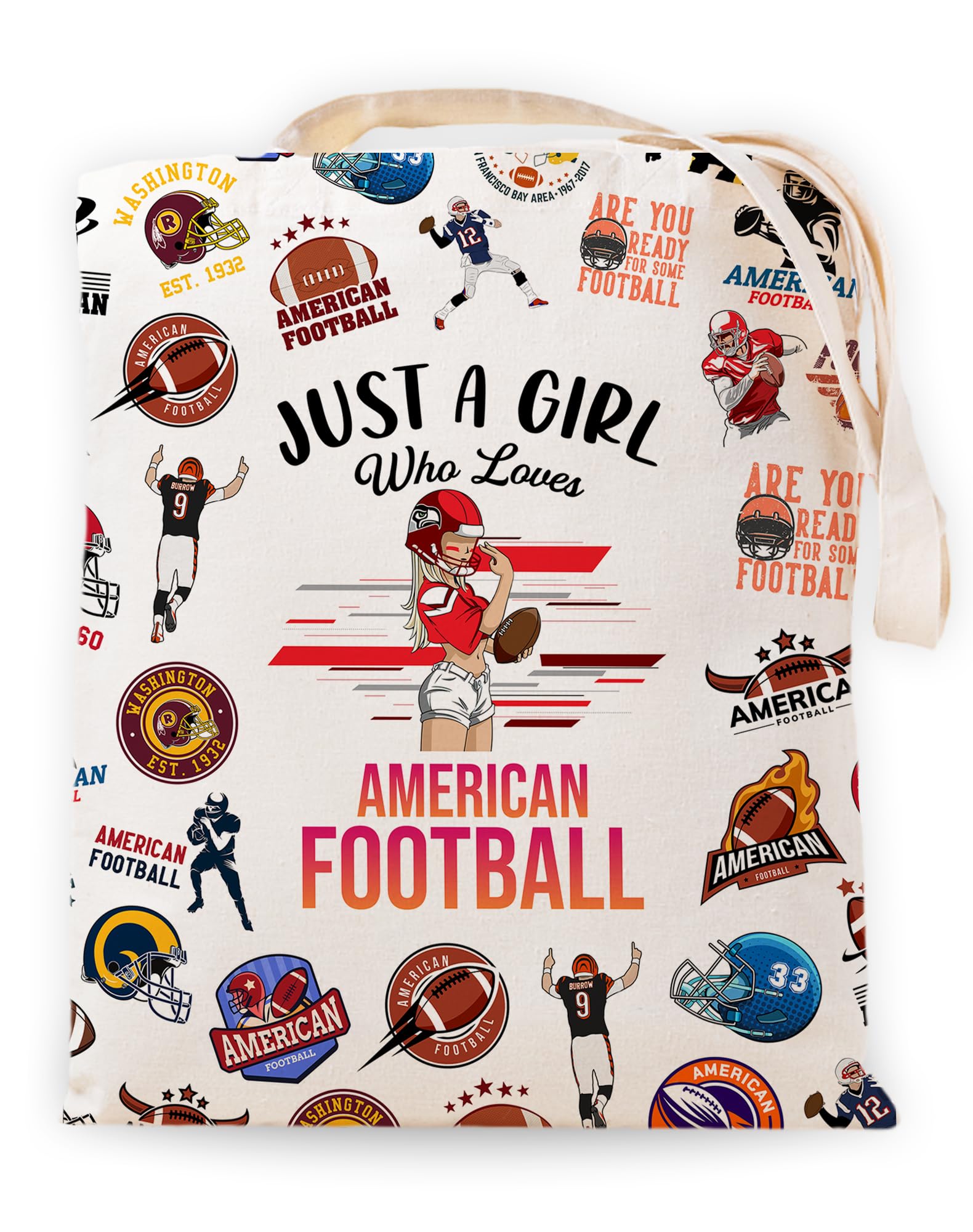 SUNFYCN Just a Girl who loves American Football Tote Bag, Football Lovers Gift Bag, Tote bag Gifts for Girl Women Reusable Grocery Beach Shopping Shoulder Bags13ST012