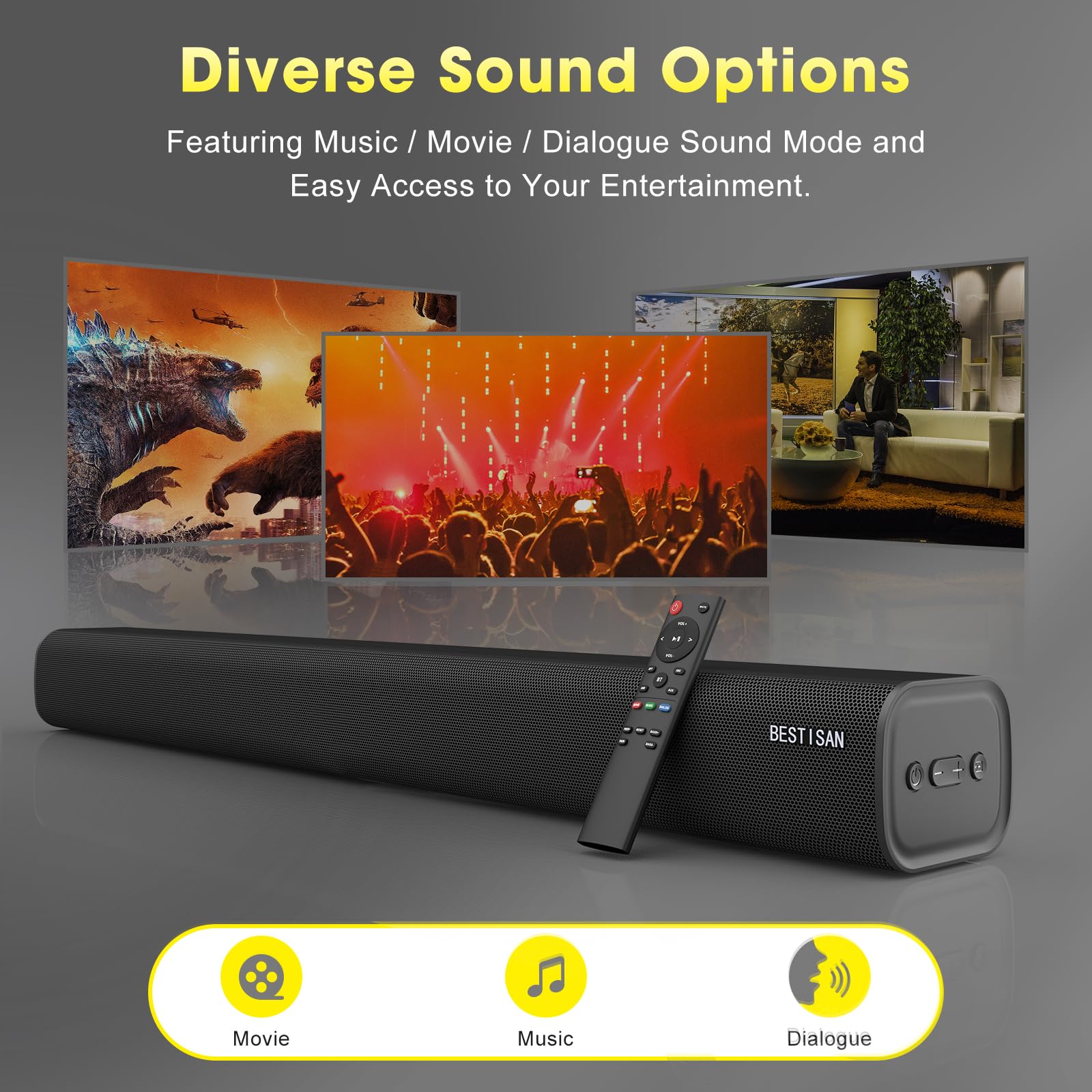 BESTISAN 100W Sound Bars for TV, Sound Bar with Bluetooth, HDMI-ARC, Optical, AUX Input,Soundbar Sound System for TV Speakers,Home Theater, Projectors