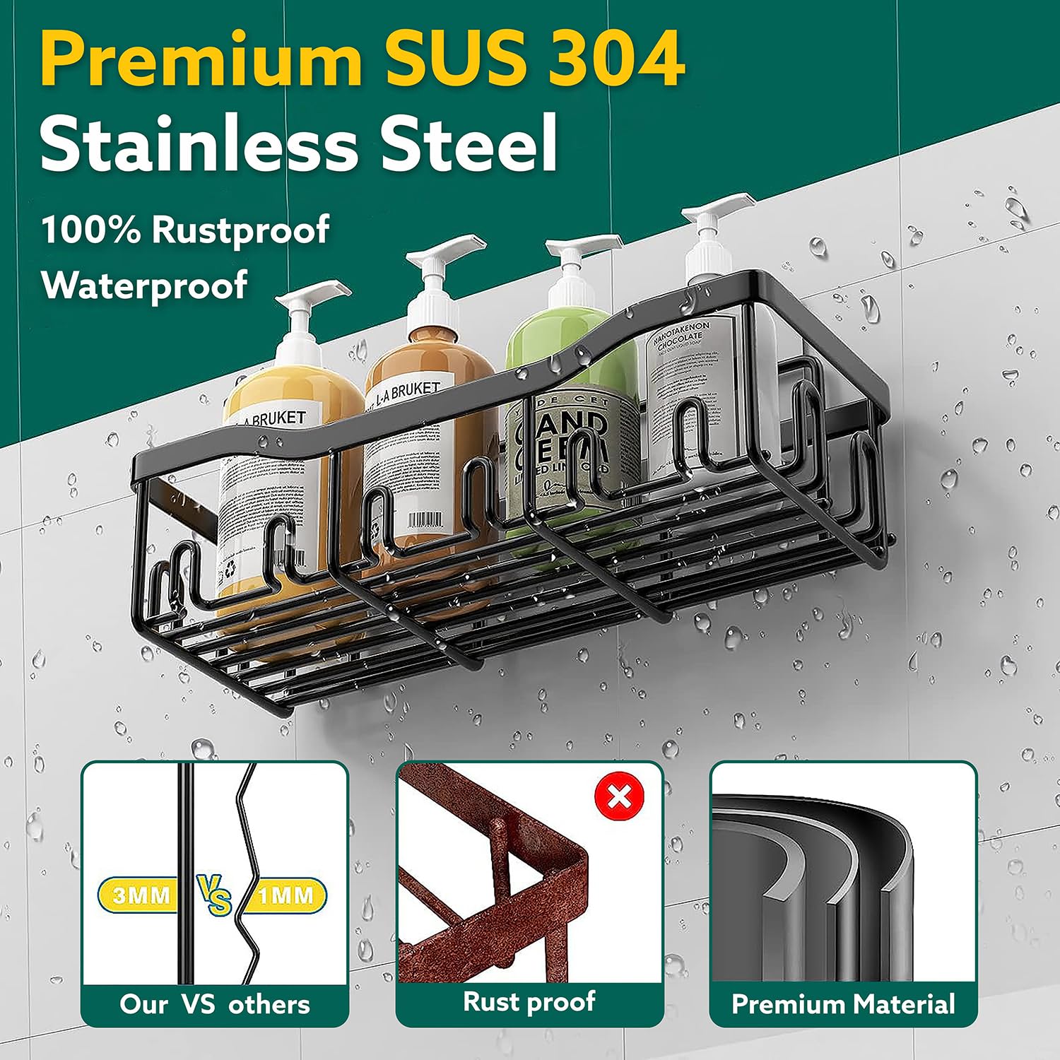 Shower Caddy 5 Pack, Adhesive Shower Organizer for Bathroom Storage & Home Decor & Kitchen,No Drilling, Large Capacity, Rustproof Stainless Steel Bathroom Organizer, Shower Shelves for Inside Shower