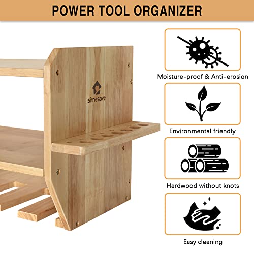 simesove Power Tool Organizer,Drill Holder Storage Wall Mounted with 6 Tool Organizer Slots, Wrench,Screwdriver and Circular Saw Storage,Solid Wooden Drill Charging Station